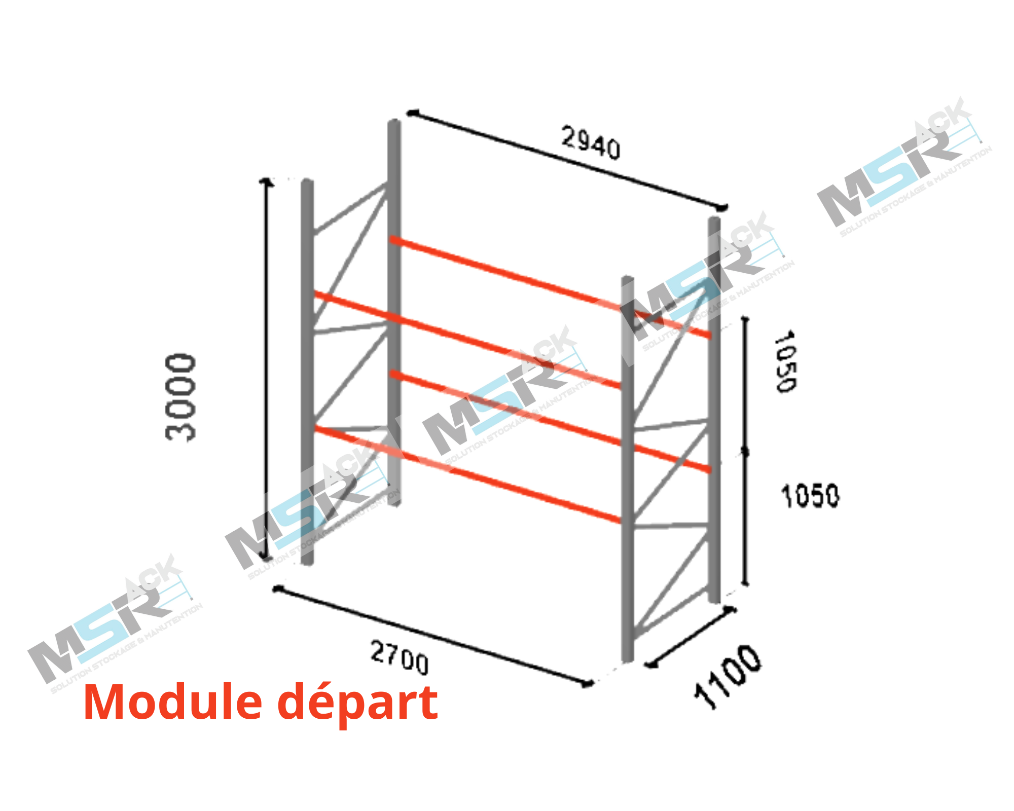 Rack à palettes Long 2700 Haut 3000 mm 1T5 par niveau - MSRack